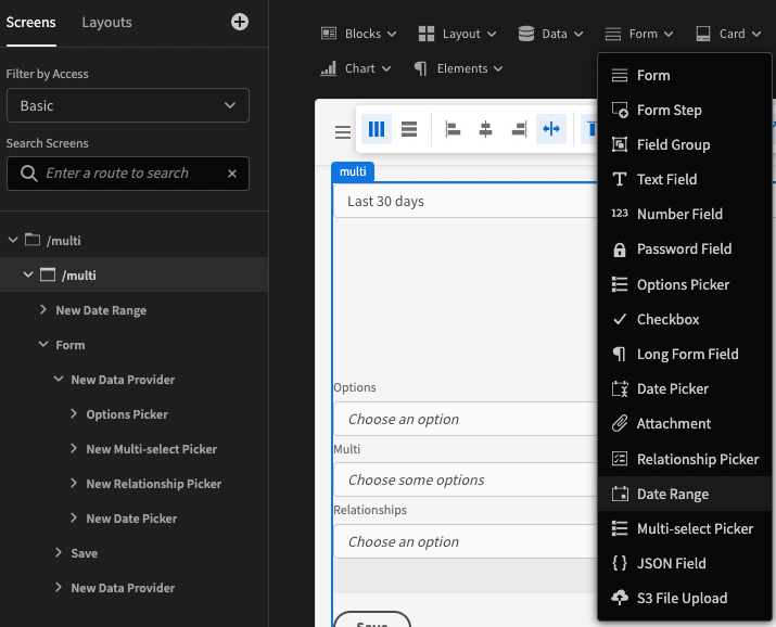 Date Range is in the wrong component list - should be Data not Form ...