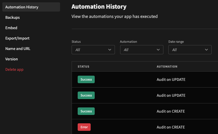 [budi 7569] If A Production App Automation Fails It Should Show Within The App Builder · Issue