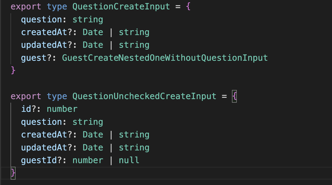 Unknown arg `guest` in data.guest for type QuestionUncheckedCreateInput · Issue #19027 · prisma ...