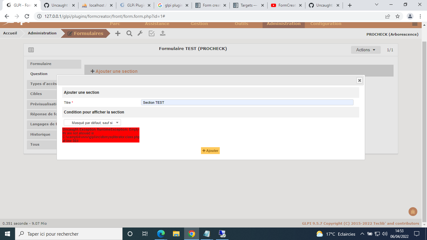 Uncaught Exception RuntimeException: Empty IN are not allowed in C:\wamp64\www\glpi\inc ...