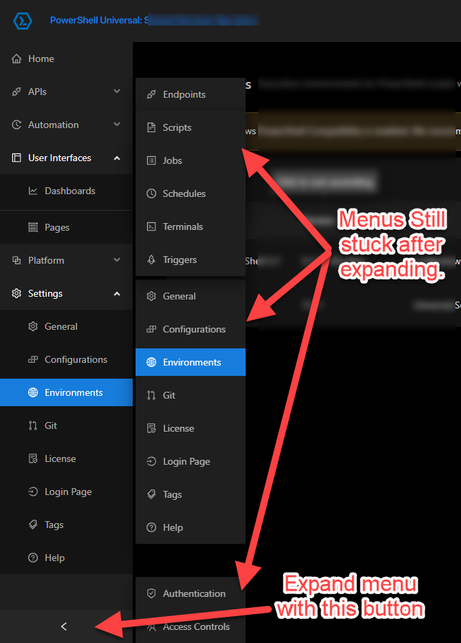 Sub-menus stuck when left nav is collapsed · Issue #1838 · ironmansoftware/powershell-universal ...