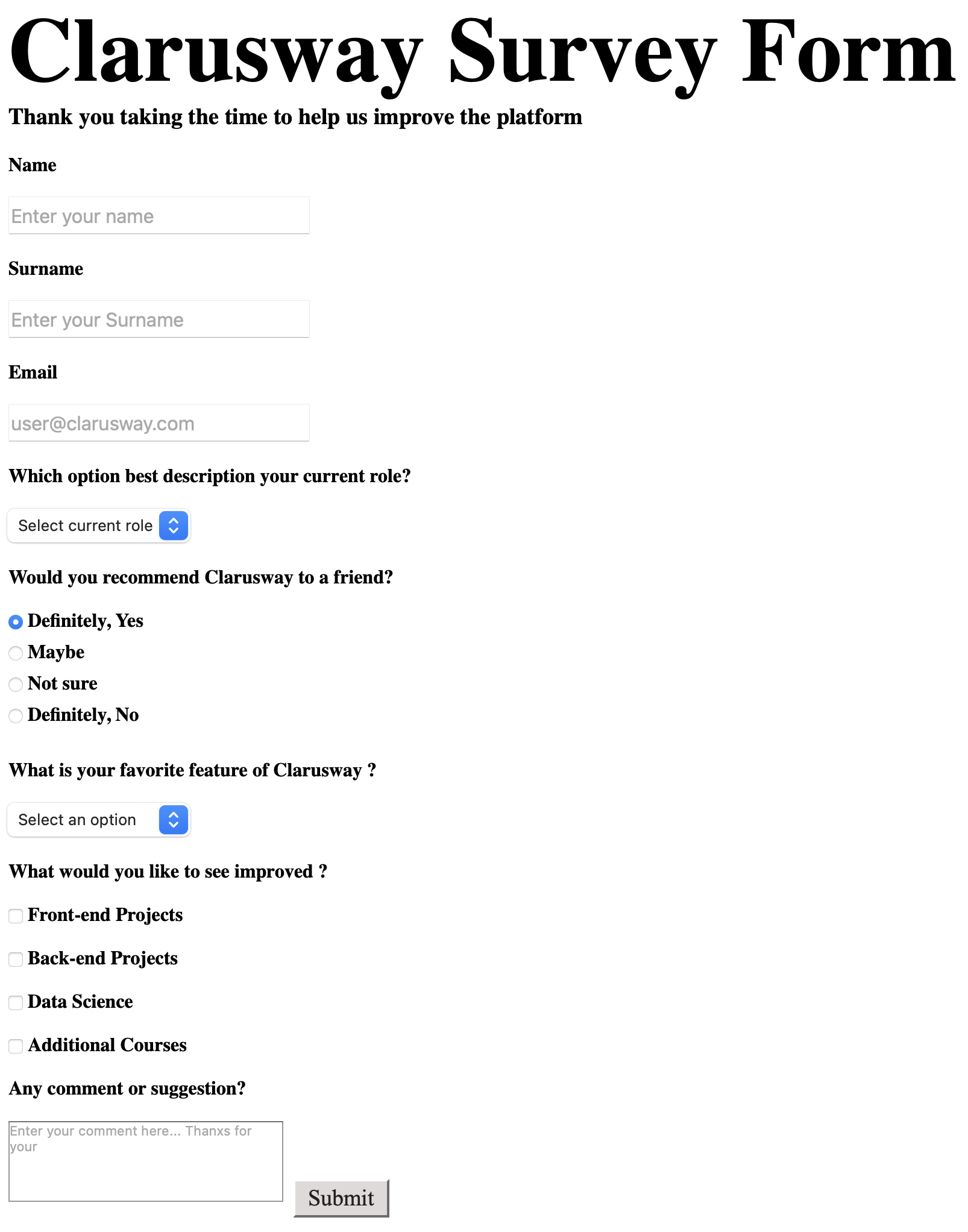 GitHub - KerimGurbaz/Clarusway-Survey-Form