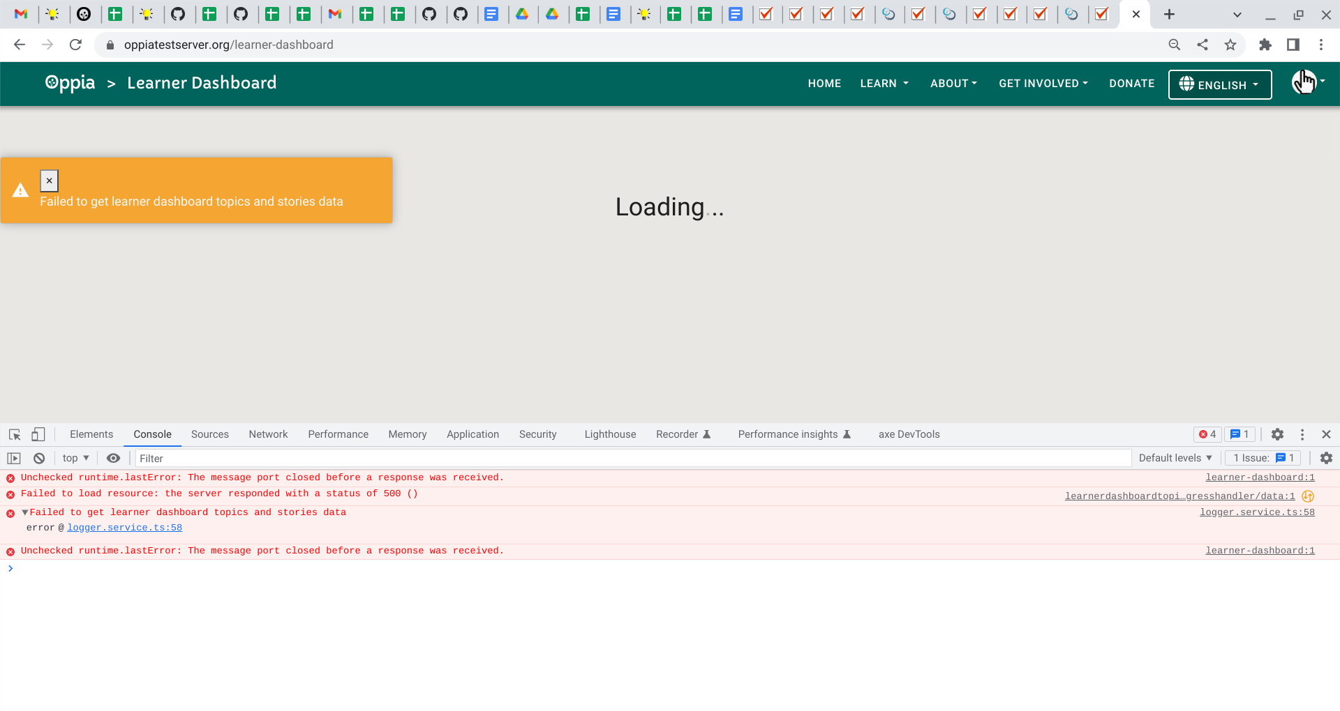 [BUG]: Failed to open learner dashboard topics and stories data error is seen on opening learner ...
