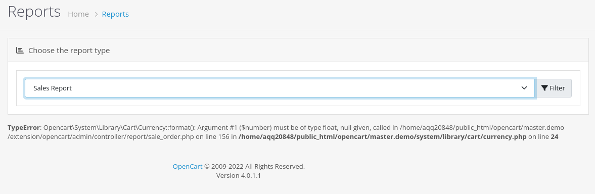 [master] Sales Report TypeError · Issue #11612 · opencart/opencart · GitHub