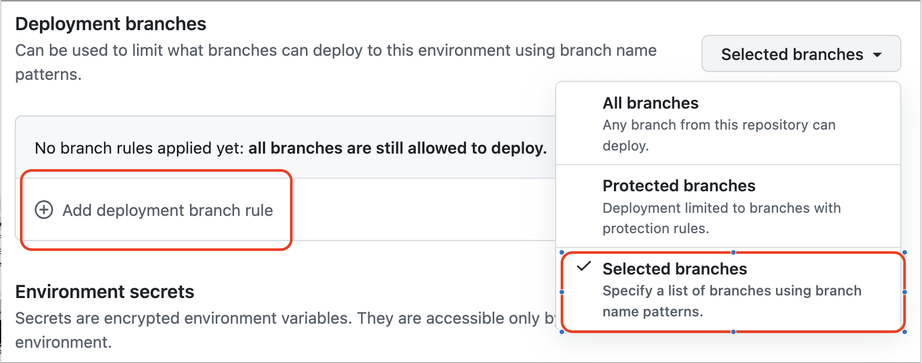 REST API allows us to set deployment environment "selected branches", but not apply deployment ...