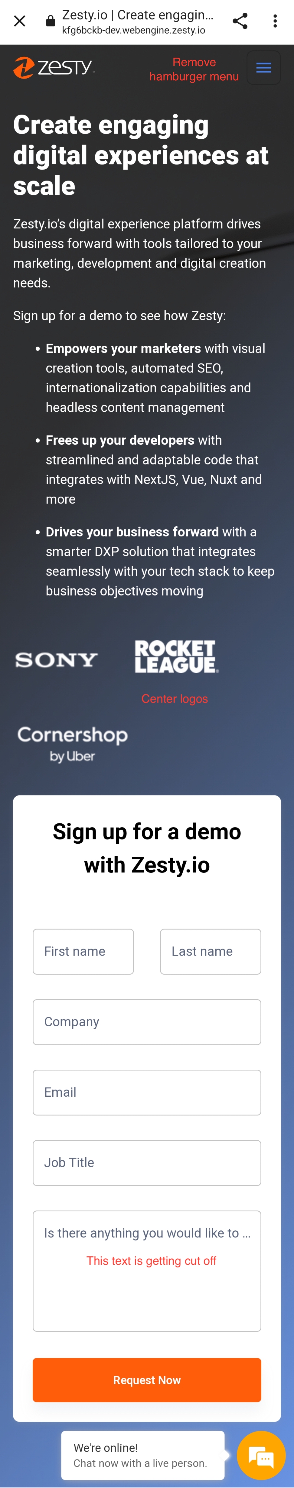 Edits to short form landing page on mobile · Issue #390 · zesty-io/website · GitHub