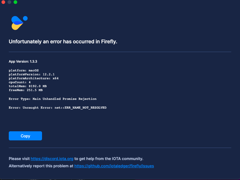 [Bug]: Main unhandled promise rejection · Issue #2560 · iotaledger/firefly · GitHub