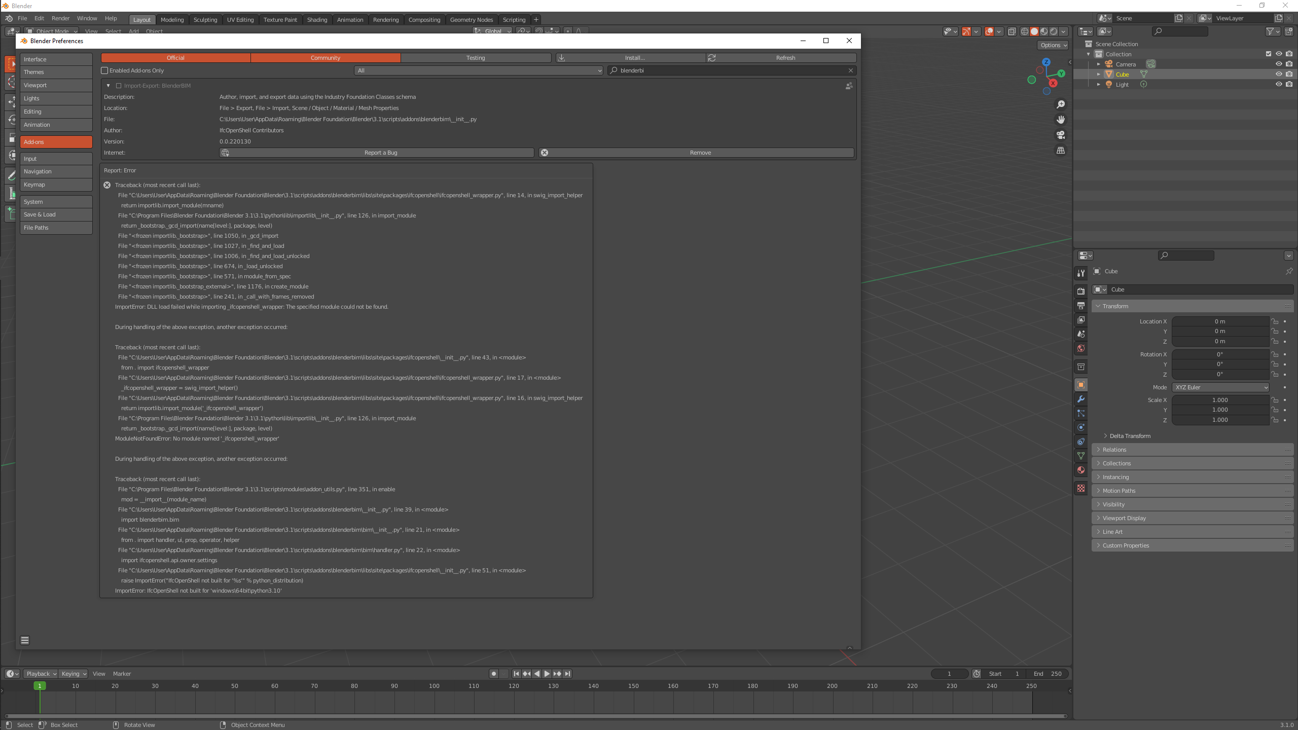 BlenderBim Add-ons Fails to Enable · Issue #2091 · IfcOpenShell/IfcOpenShell · GitHub