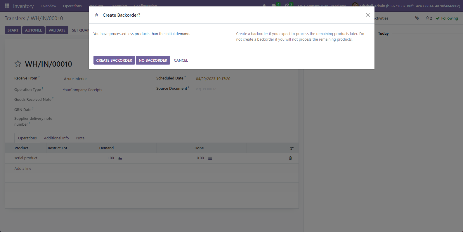 [16.0][BUG] stock_picking_auto_create_lot : Can't validate and raise backorder wizard · Issue ...