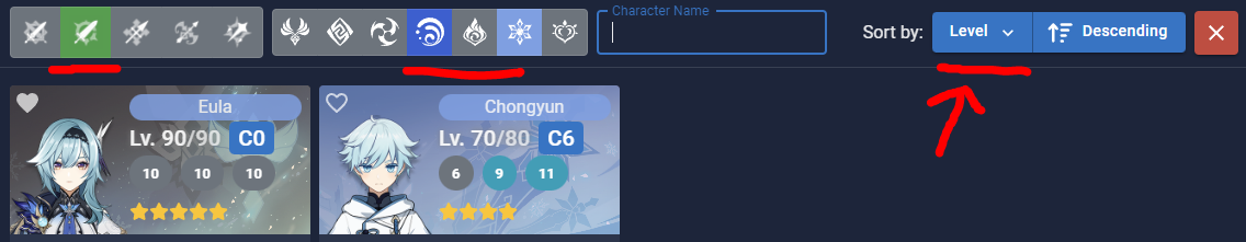Maintain same sorting settings on character popup to character page · Issue #625 · frzyc/genshin ...