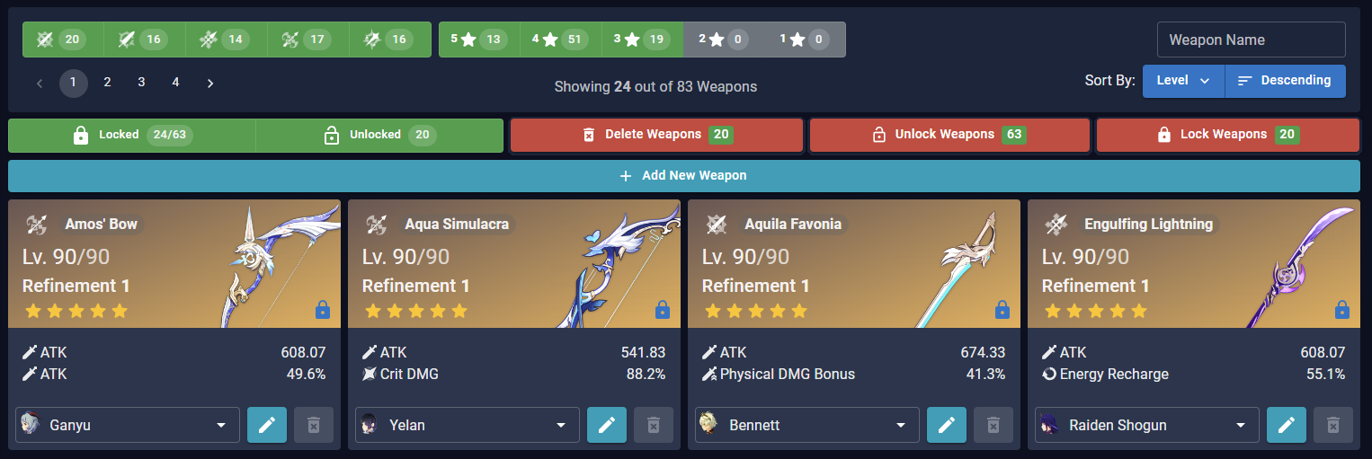 Add filter by lock status and bulk management to weapon page · Issue #1041 · frzyc/genshin ...