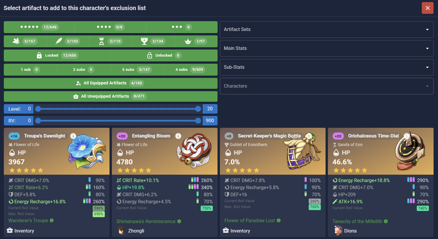 Allow for fast way to bulk exclude filtered artifacts per character · Issue #1076 · frzyc ...