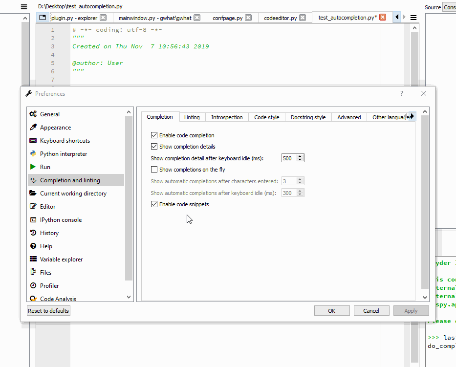 'Show completions on the fly' cannot be turned off · Issue #10634 · spyder-ide/spyder · GitHub