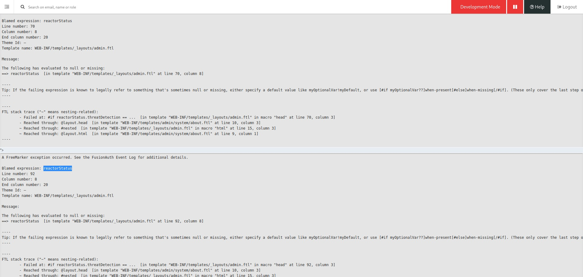 Freemarker error - reactorStatus not found · Issue #1695 · FusionAuth/fusionauth-issues · GitHub