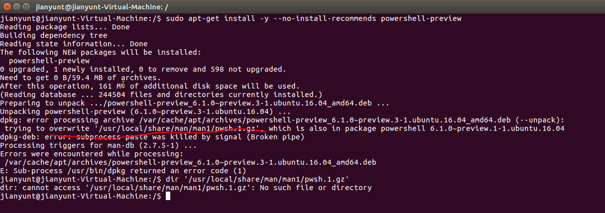 Failed to install powershell-preview trying to overwrite /usr/local/share/main/main1/pwsh.1.giz ...