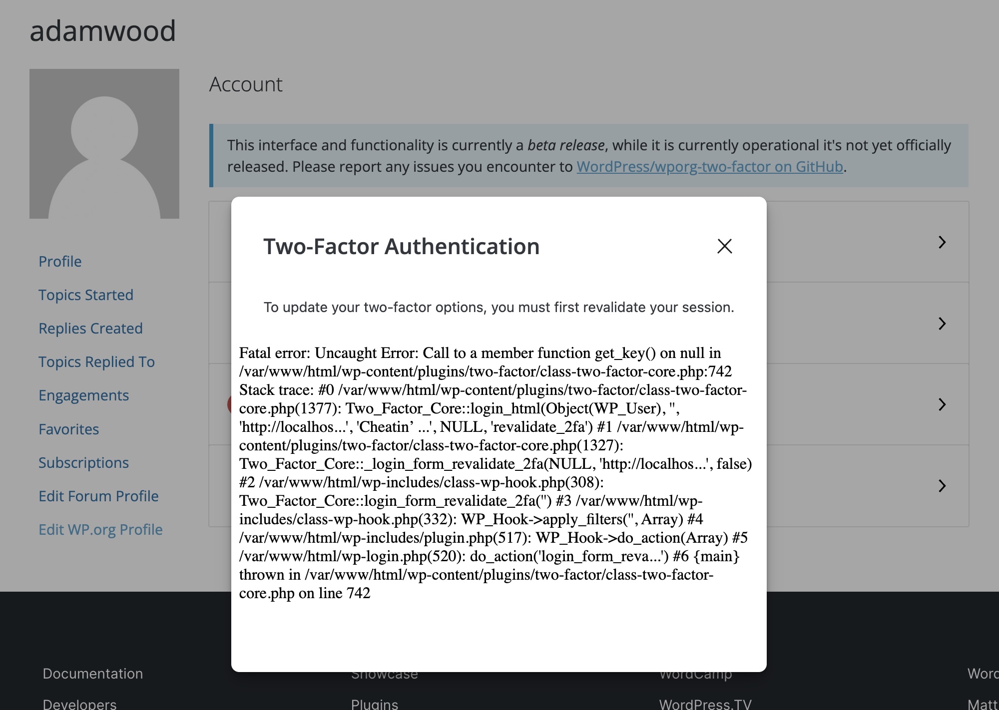 Fatal in reauth modal when 2FA is disabled · Issue #160 · WordPress/wporg-two-factor · GitHub