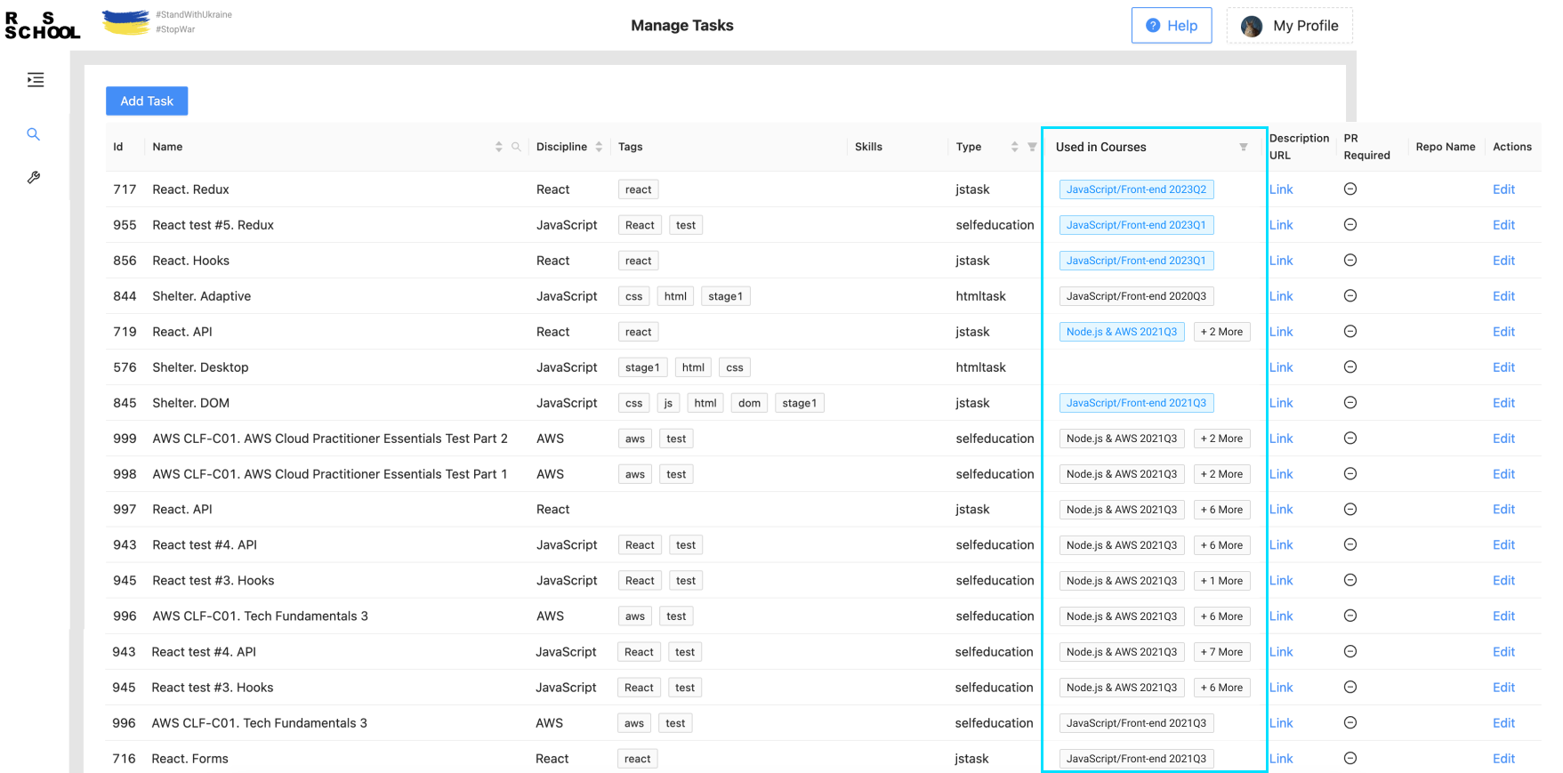 Manage tasks screen: Tasks Used in Courses · Issue #2106 · rolling-scopes/rsschool-app · GitHub
