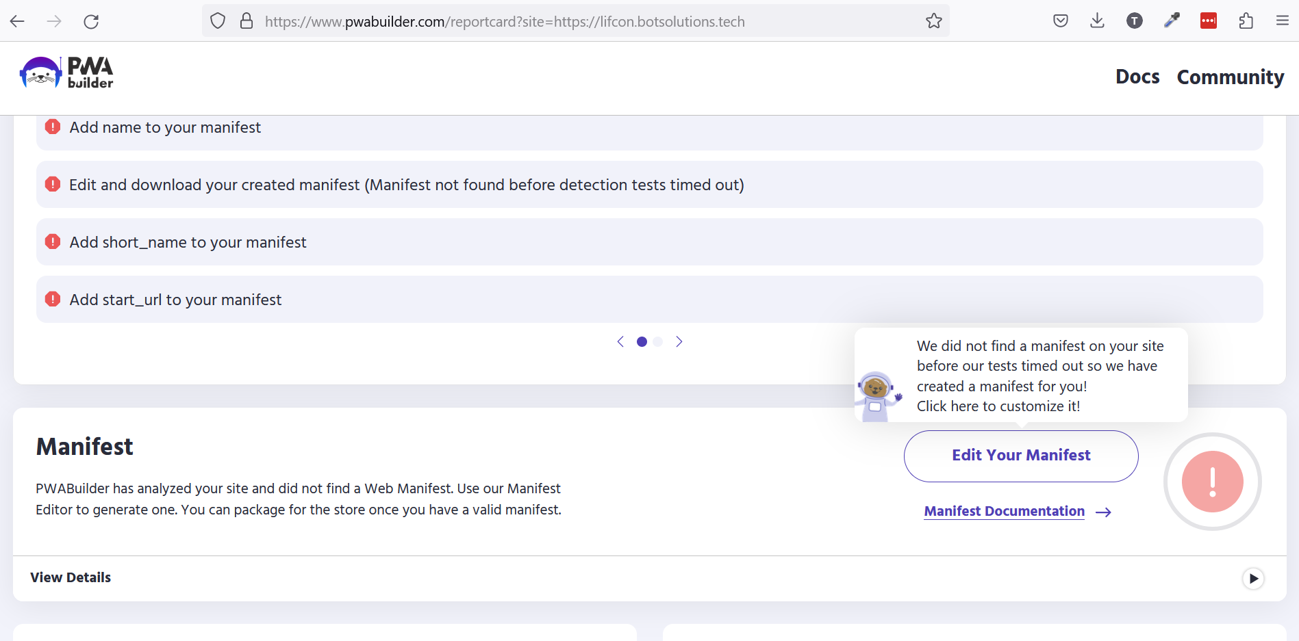 Hi Pwabuilder Is Unable To Detect My Manifestjson File I Can Access It If I Just Type In The 3990