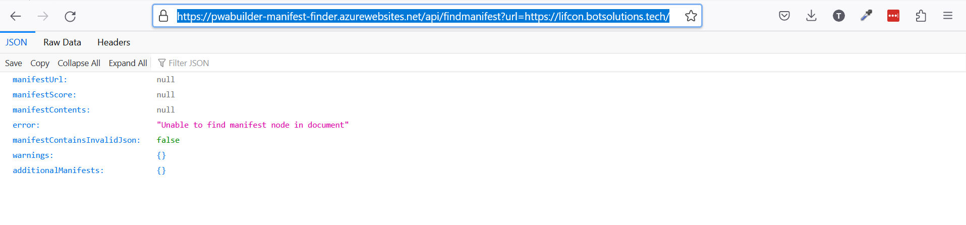 Hi. PWABuilder is unable to detect my manifest.json file. I can access it if i just type in the ...