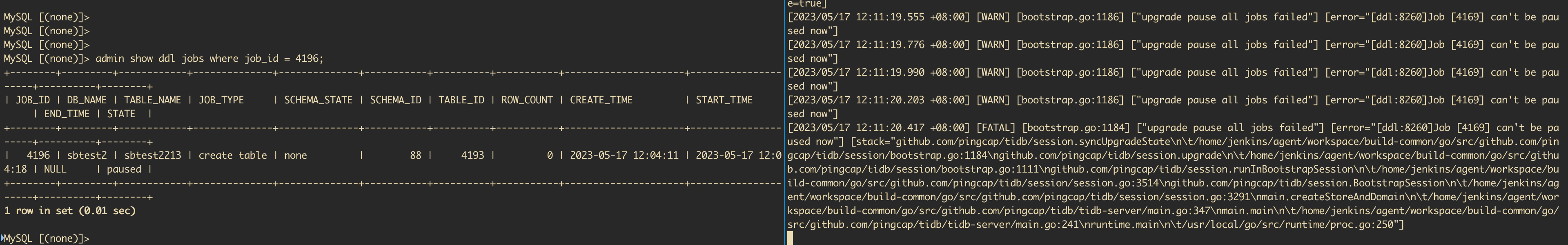 Upgrade pause all jobs failed when pause paused jobs · Issue #43897 · pingcap/tidb · GitHub