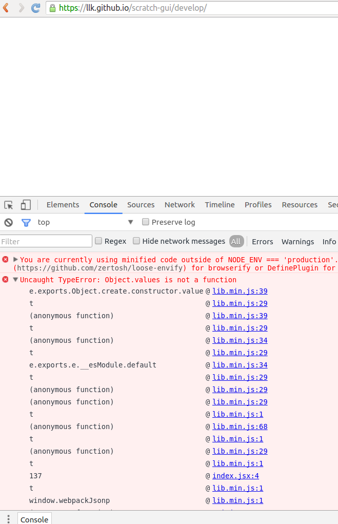 Develop branch deploy page crashed · Issue #863 · scratchfoundation/scratch-gui · GitHub