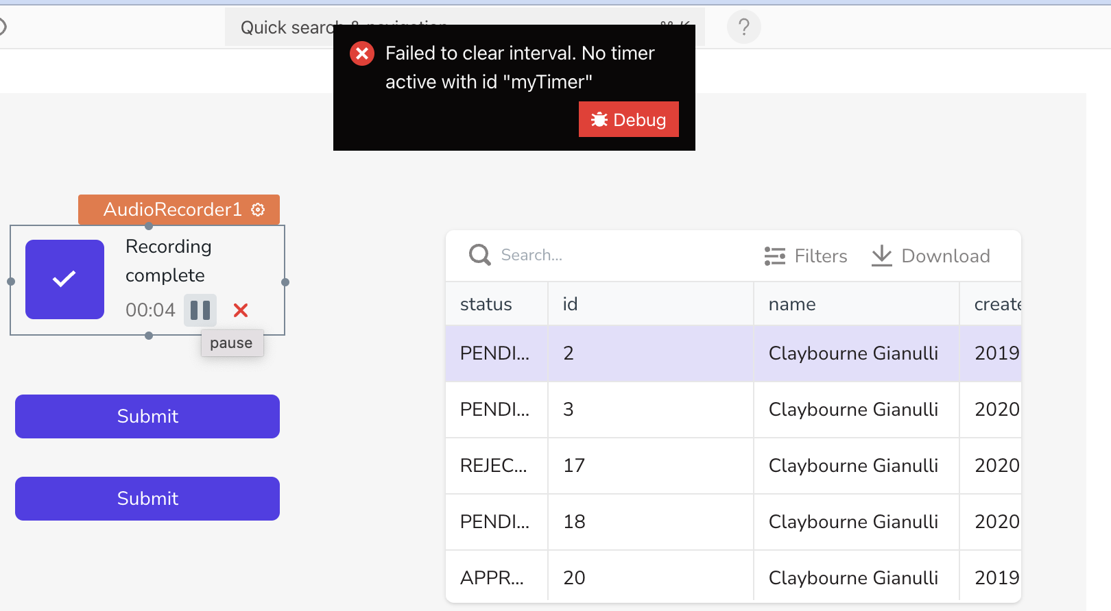 [Bug]: Audio Recorder widget - Clear Interval throws error, though it does clear the interval ...