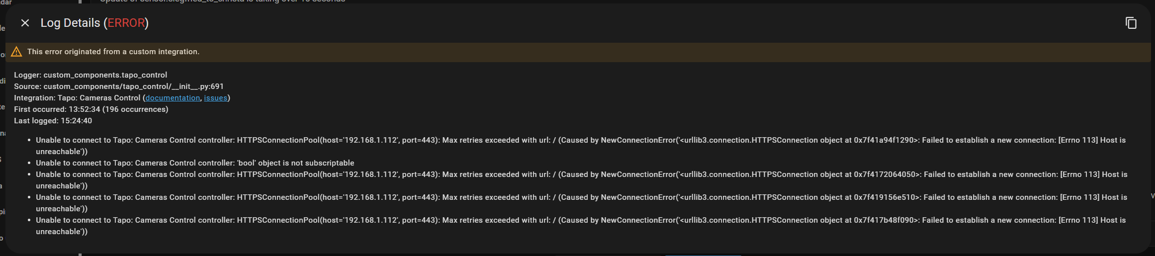 5.3.3: Log flooded when camera is offline · Issue #394 · JurajNyiri/HomeAssistant-Tapo-Control ...