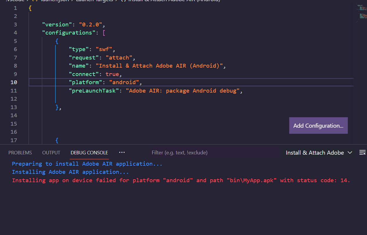 [ERROR] Debbuging Via USB Android AIR App · Issue #579 · BowlerHatLLC/vscode-as3mxml · GitHub