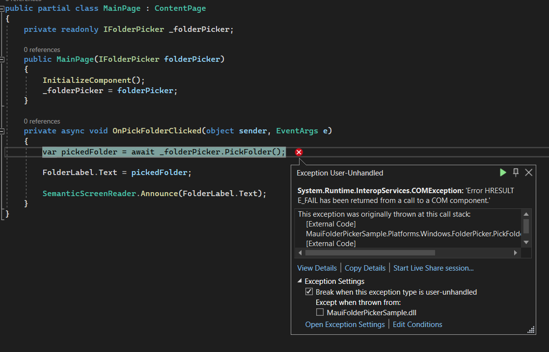Error HRESULT E_FAIL has been returned from a call to a COM component when Windows.Storage ...