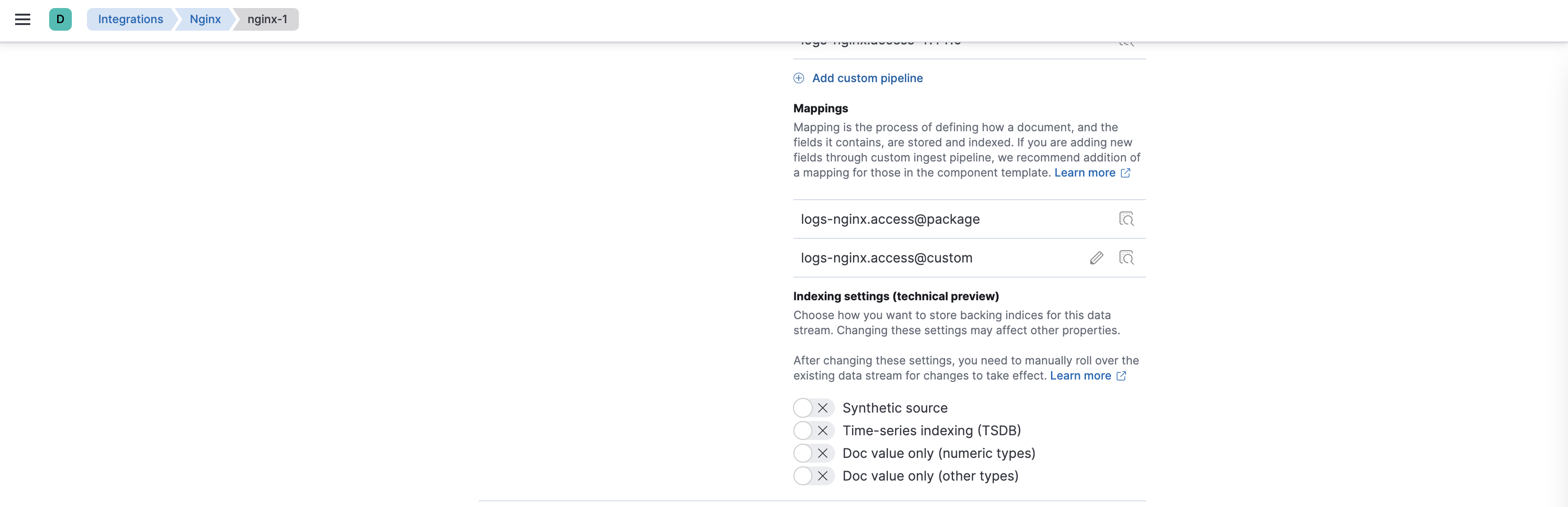 Integration Tsdb Timeseries Indexing On And Off Flag Is Present For All Logs Datastreams In