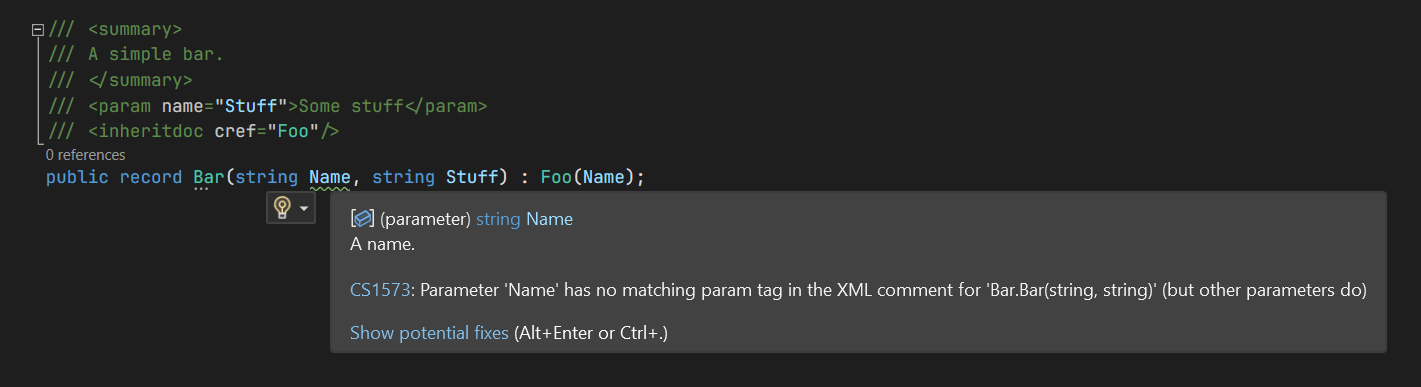 Record inheritdoc shows in quick info but still get CS1573 · Issue #67326 · dotnet/roslyn · GitHub