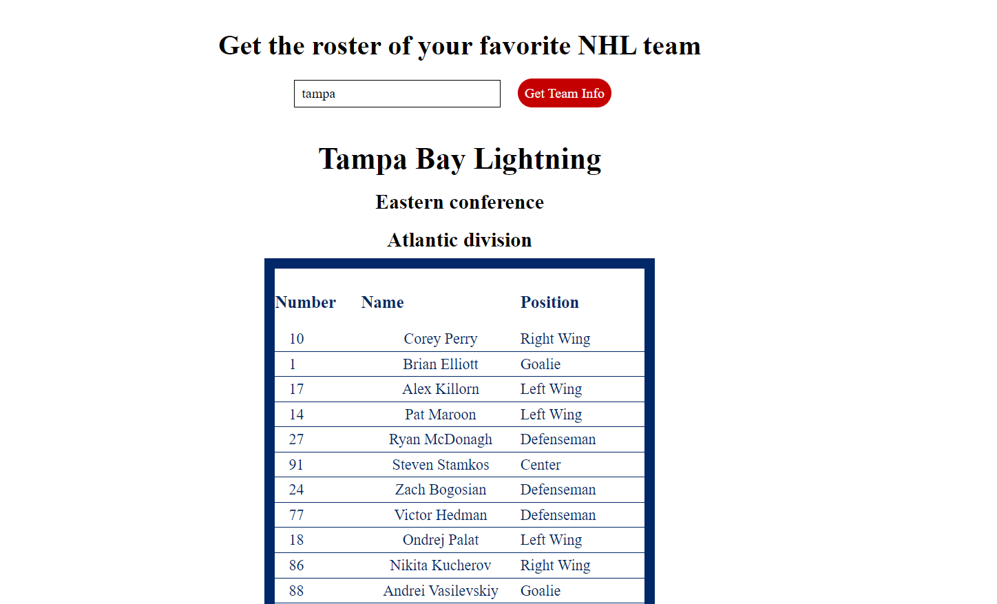 GitHub - drader622/nhl-rosters: App that asks user to enter NHL team and returns that teams ...