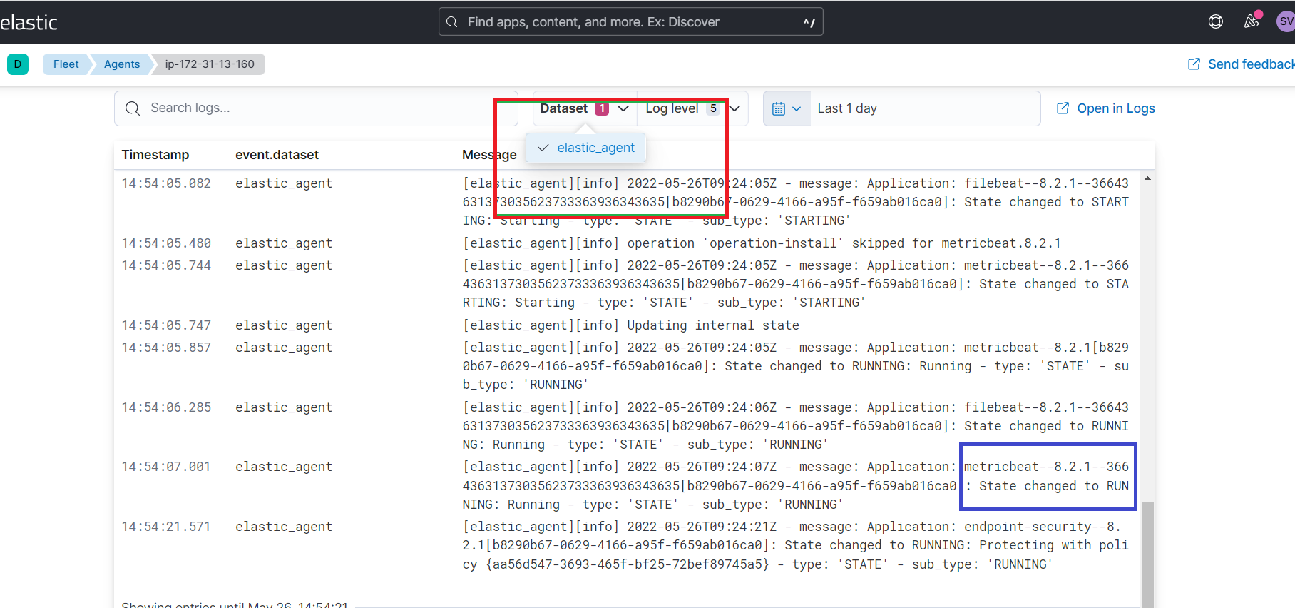 [Fleet]: Dataset under Logs tab doesn't display while upgrading Kibana from 7.17.4>8.1.3>8.2.1 ...