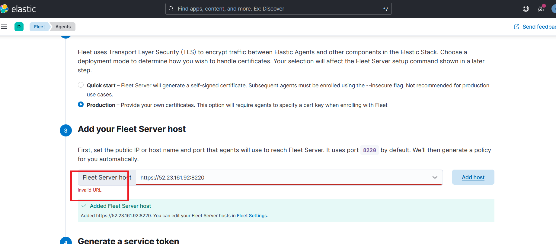 [Fleet][Self-managed]: Invalid error on adding incorrect url in Fleet server host field retains ...