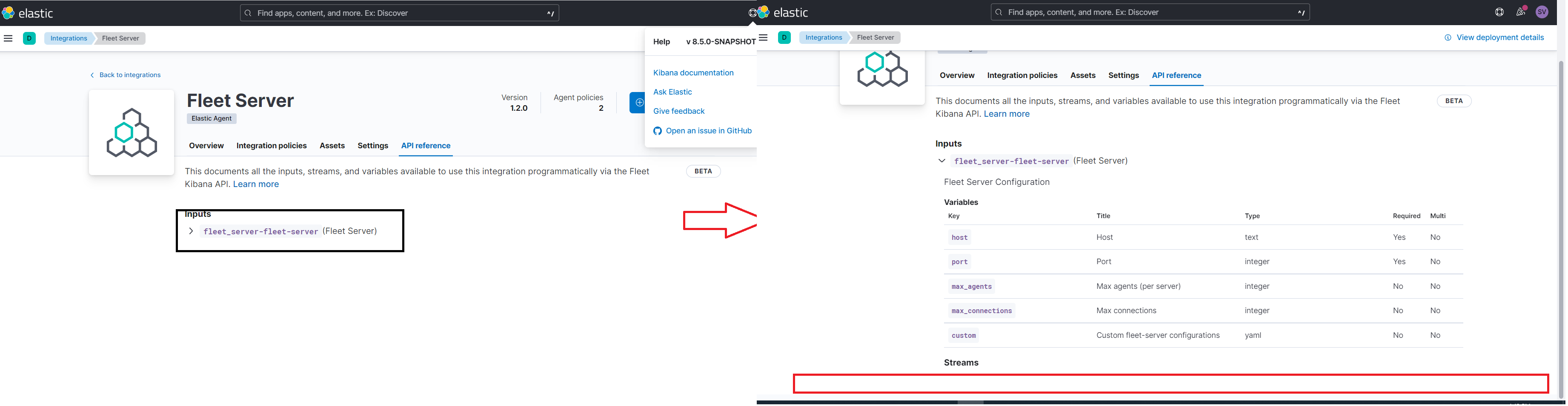 [Fleet]: `Streams` are not available under API reference tab for Fleet Server integration ...