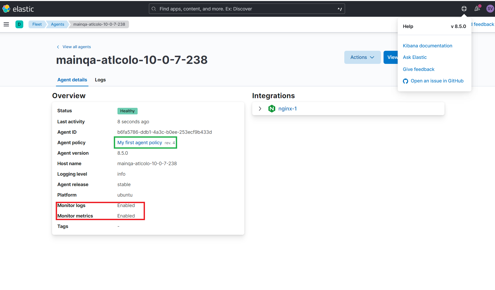 [Fleet]: Agent Monitoring is enabled by default for 'My First agent policy' created though 'Add ...
