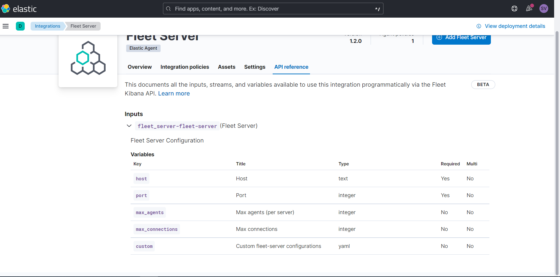 [Fleet]: `Streams` are not available under API reference tab for Fleet Server integration ...