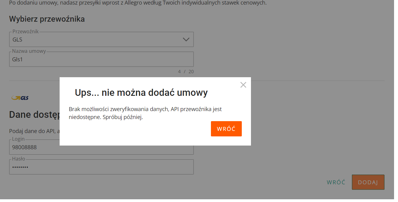 Problem z dodaniem umowy z przewoźnikiem GLS · Issue #5555 · allegro/allegro-api · GitHub