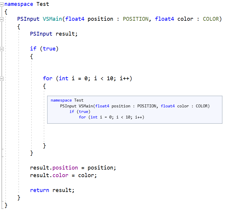 After HLSL tools is enabled, Visual Studio's "structure guide lines ...
