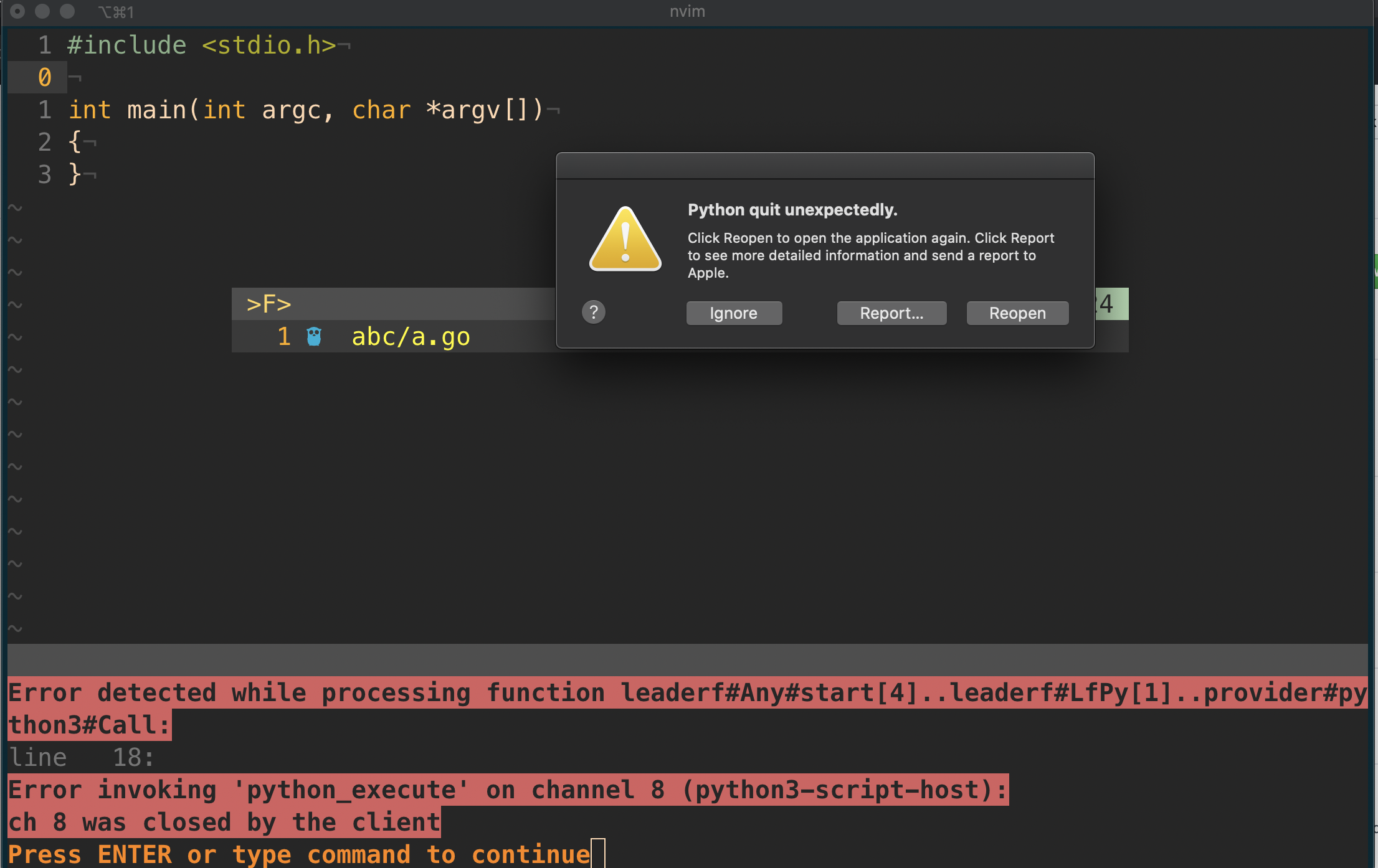 使用LeaderfFile第二次打开文件时，crash · Issue #626 · Yggdroot/LeaderF · GitHub
