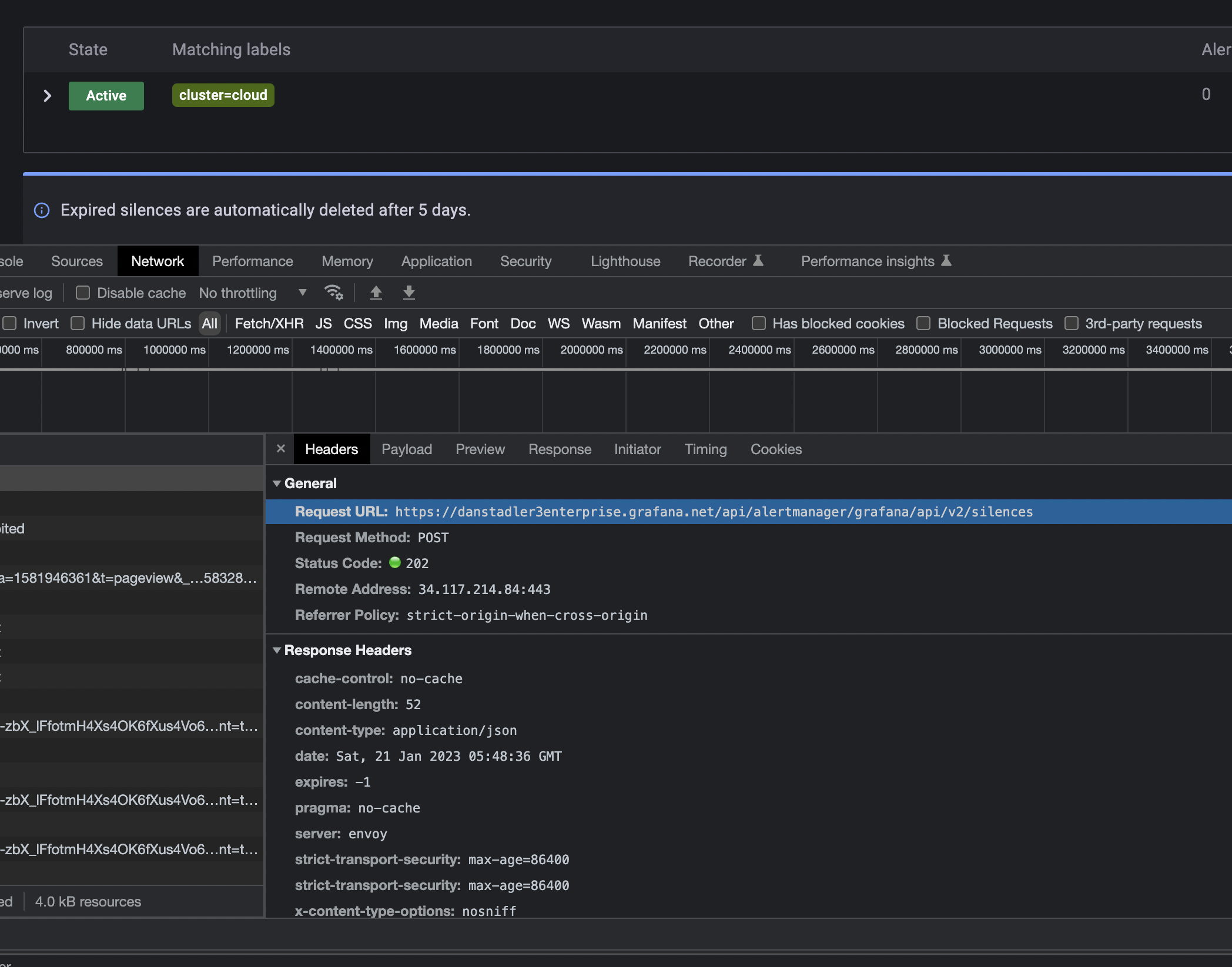 Alerting: POST to /api/alertmanager/grafana/api/v2/silences returns 202, while docs say it ...
