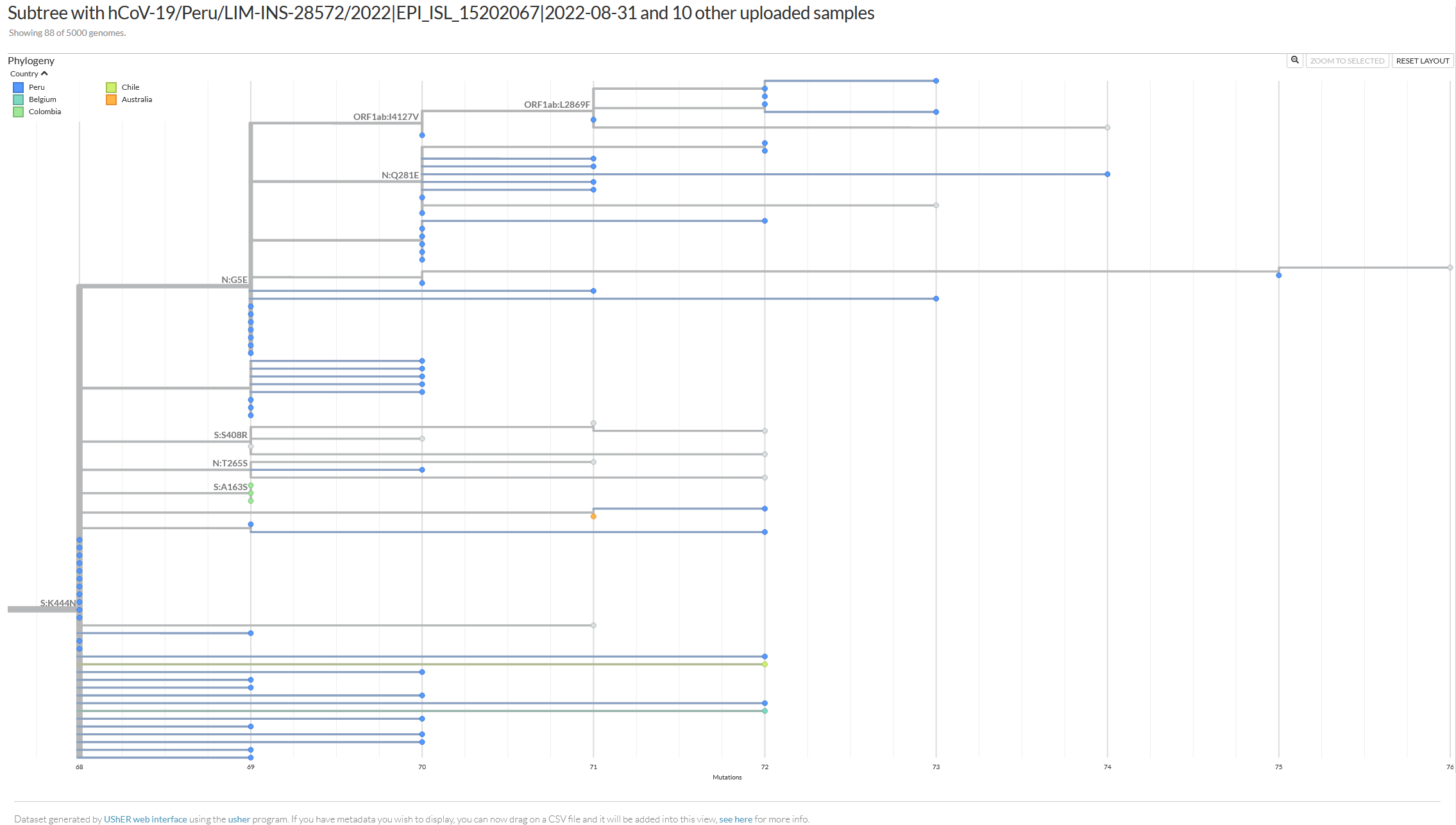 BA.5.1 with S:K444N, ORF7b:H42Y (88 seq., mostly Peru, Australia, Belgium, Chile, Colombia as of ...