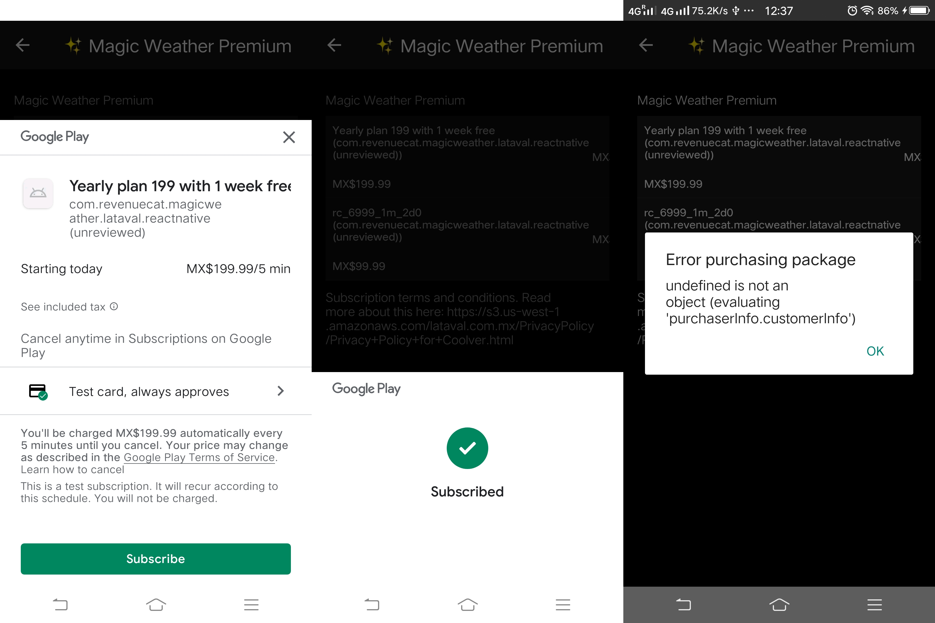 Puchase Was Succssful Via React Native Purchases In Adroid But There Is No Response In Promise