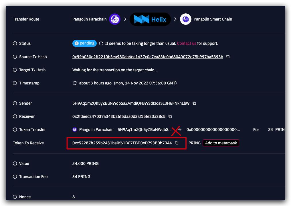 Pangolin Parachain >Pangolin Smart Chain, token to receive is the Native Token, which has no ...