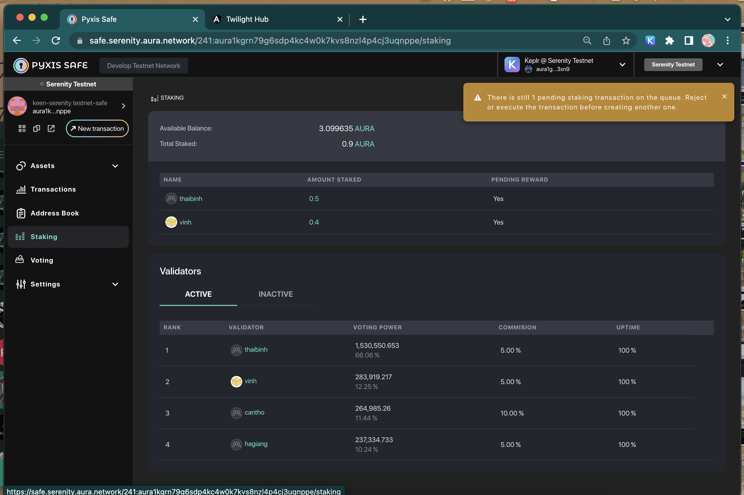 [Aura-Safe][Staking] Block further staking transaction while there is pending staking ...