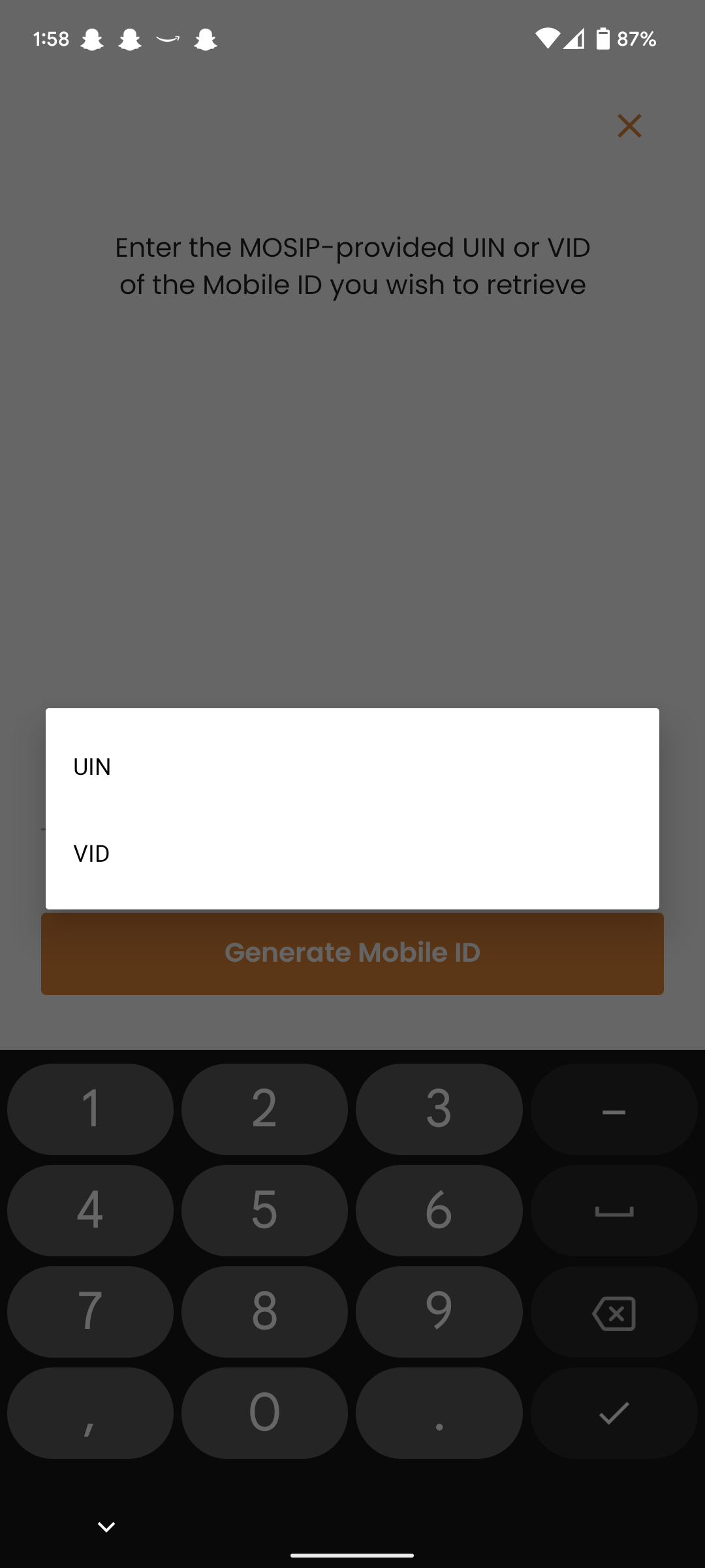 Mobile id - can't change the field from uin to vid while generating id ...