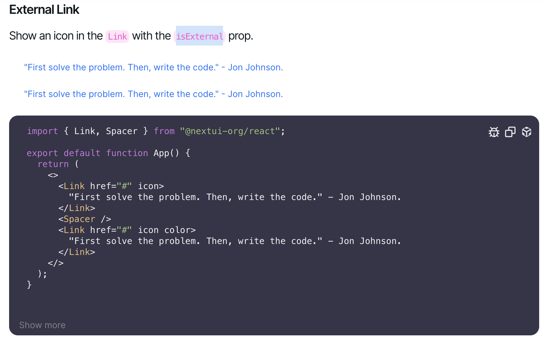 fix: Link icon example missing isExternal prop (fix #742) by sun0day ...