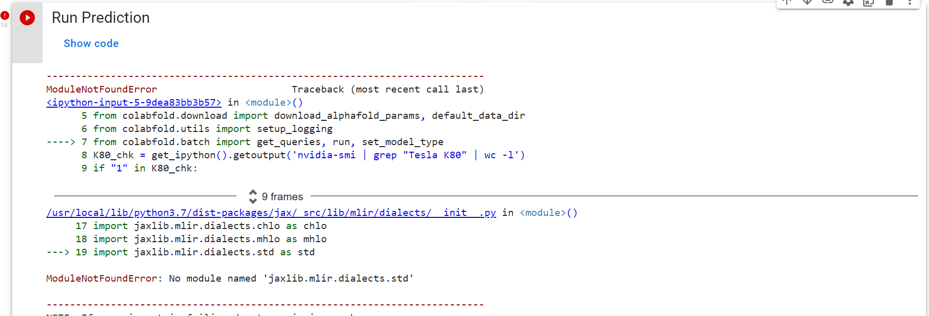 Run prediction step won't execute "See picture" · Issue #2698 · googlecolab/colabtools · GitHub