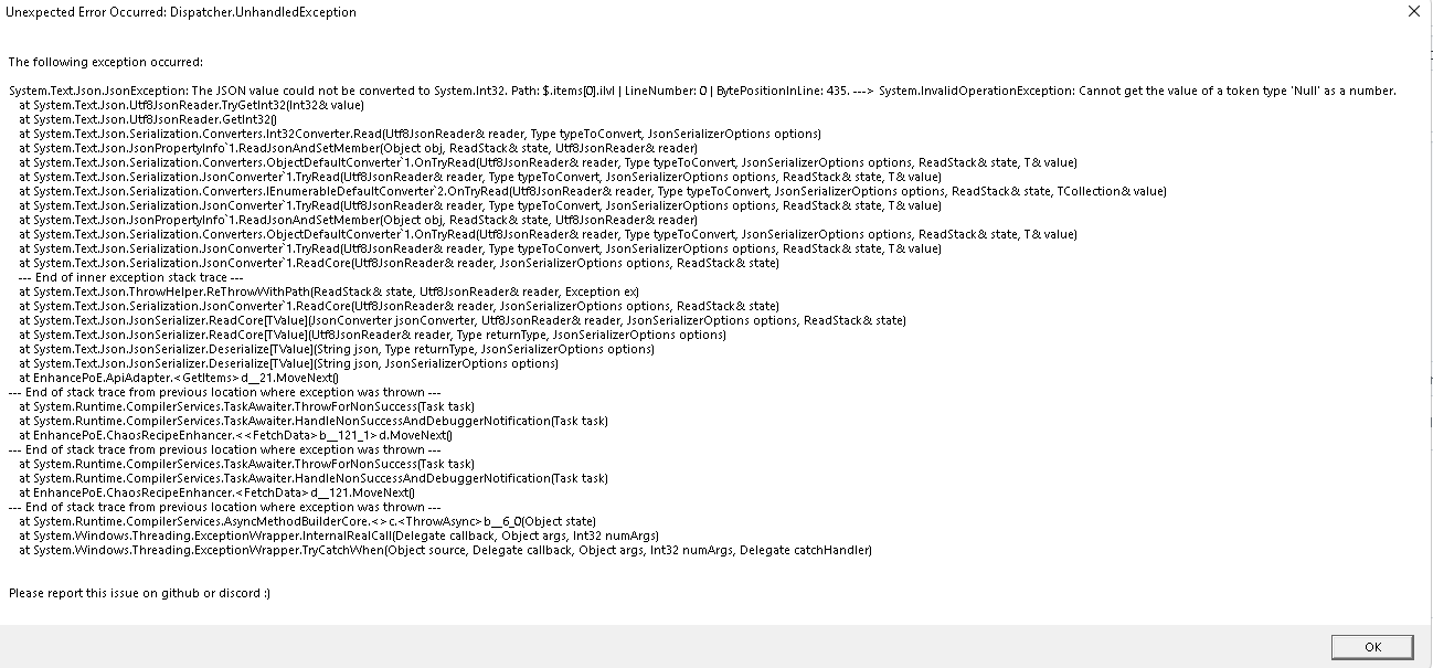 Dispatcher.UnhandleException · Issue #326 · ChaosRecipeEnhancer ...