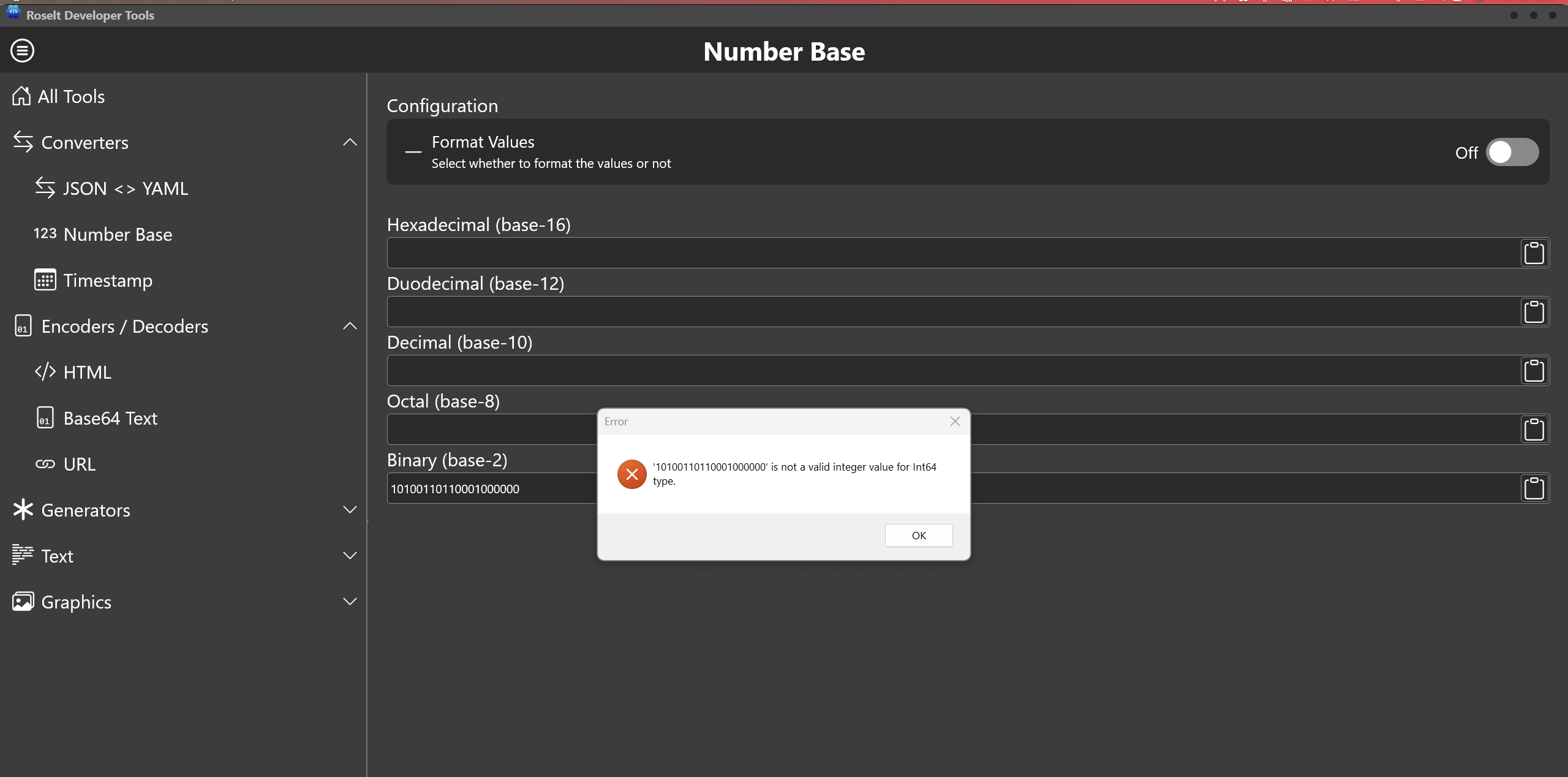 10100110110001000000 Is Not A Valid Integer Value For Int64 Type Number Base Entering Into 